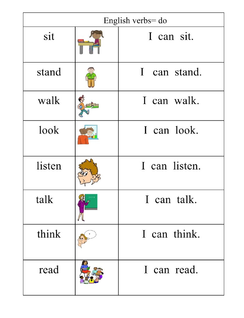 Very basic verbs: Group 1 pictures, words, simple sentences, page 1 ...